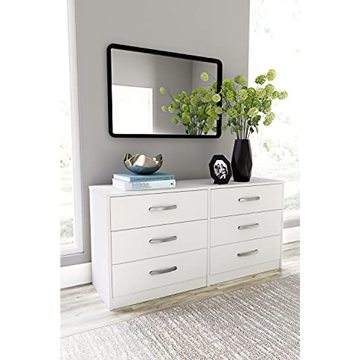 Signature Design by Ashley Flannia Modern 6 Drawer Dresser with Ball-bearing Construction and Safety Stop, White