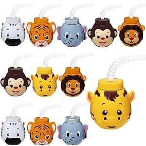 12 Set Zoo Animal Cups with Straws and Lids, 10 oz Plastic Reusable Safari Jungle Animal Theme Party Kids Cups for Elephant, Monkey, Lion, Tiger, Zebra, Giraffe, Safari Birthday Party Supplies
