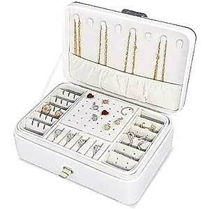 ZZYINH AN207 Double Layer Portable Travel Jewelry Watch Box with Mirror Leather Display Organizer Storage Case for Earrings Necklace Ring Small Jewelry (Color : White)