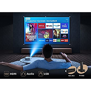 ALVAR Native 1080P Bluetooth Projector w/ 100'' Screen, 4K Supported, 10000 Lux & 400 ANSI Portable Outdoor Movie Projector w/ 60000 Hrs LED Lamp Life, Compatible with TV Stick, HDMI and USB