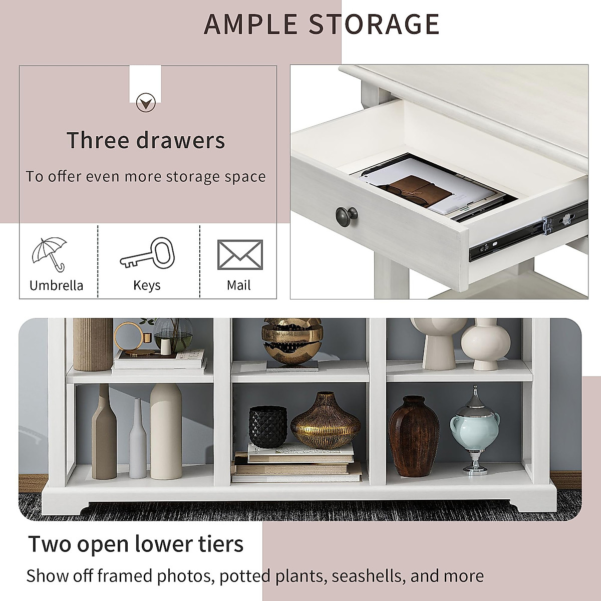 Merax Console Table/Sideboard with Ample Storage, Open Shelves and Drawers for Living Room, Antique White