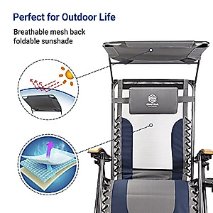Coastrail Outdoor Zero Gravity Chair with Shade, 400lbs Capacity Mesh Back Padded Reclining Lounge Chair Plus Cup Holder, Table for Yard Patio Lawn Blue