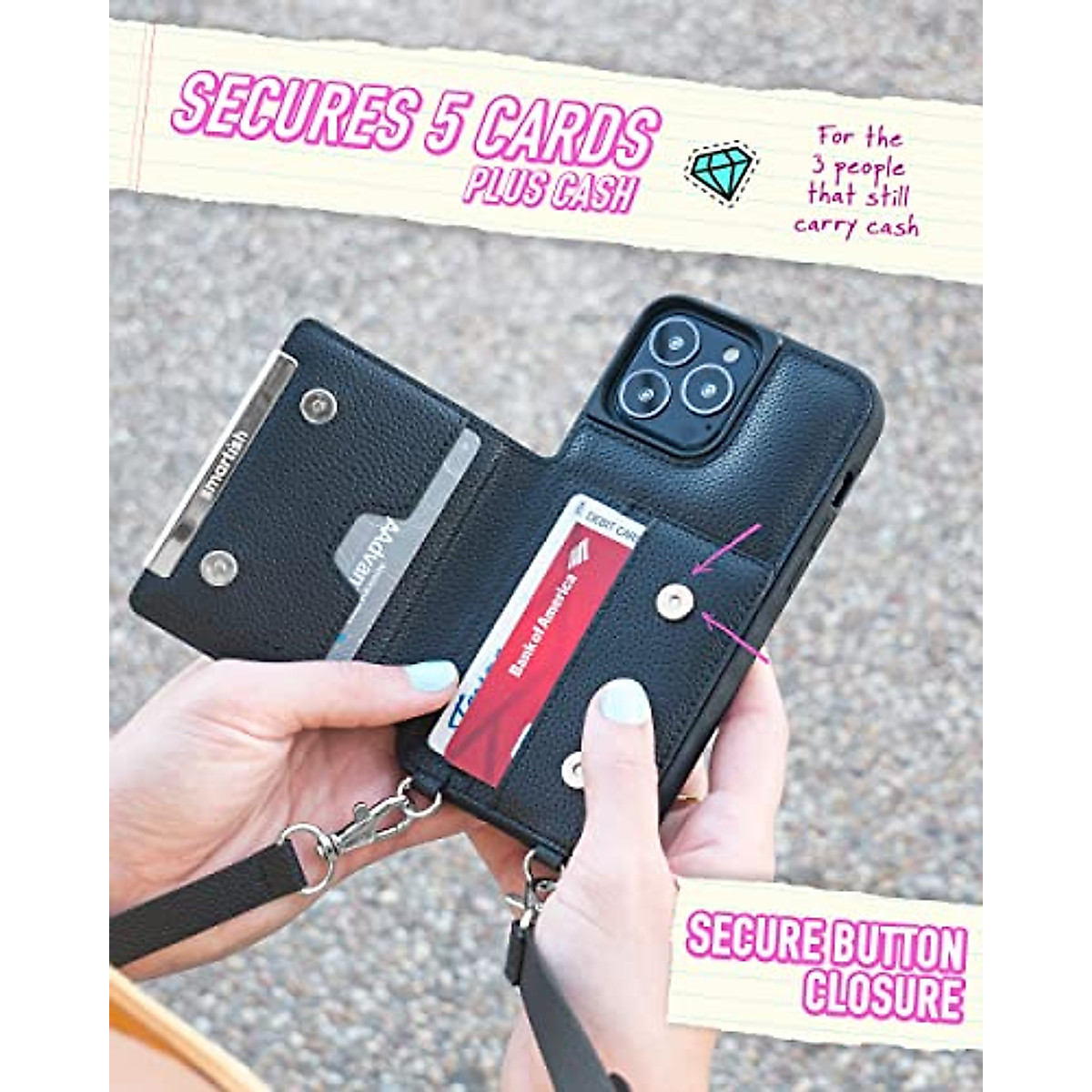 Smartish iPhone 13 Pro Max Crossbody Wallet Case for Women - Dancing Queen [Purse/Clutch with Detachable Strap & Wristlet] Protective Cover with Credit Card Holder - Stiletto Black-Silver