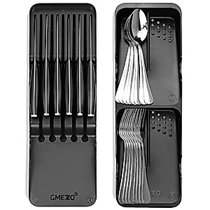 Compact Silverware Drawer Organizer, Cutlery Tray and Utensil Holder, Sturdiness and Non-slip Feet, Classic Small Kitchen Drawer Organizer Box Set for Flatware and Knifes Partition Storage (Black)