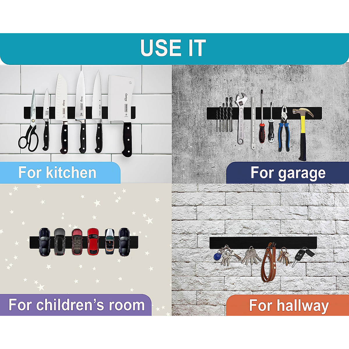 16 Inch Black Wood Knife Magnetic Strip Use as Magnetic Knife Holder for Wall - Magnetic Knife Strip - Magnetic Knife Bar - Wall Kitchen Magnetic Rack Holder