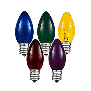 Novelty Lights Incandescent Replacement Bulbs - Outdoor Individual Bulbs For Events, Holiday Parties, Patios, And More - C7/E12 Candelabra Base, 5 Watt Lights (Multicolor, 25 Pack)