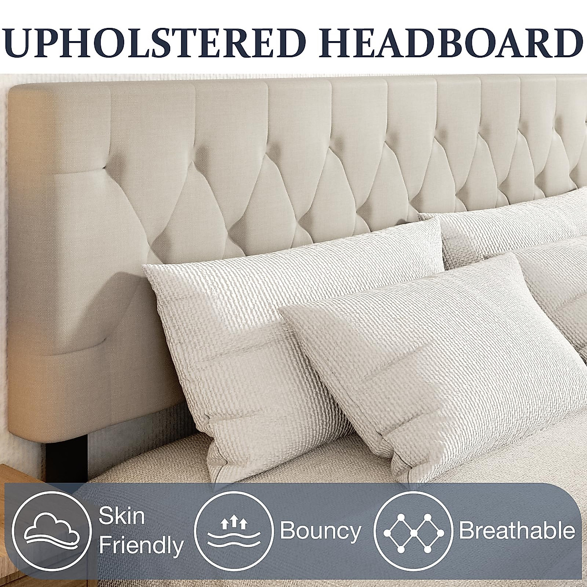 Queen Size Bed Frame with Storage, Queen Bed Frame with Headboard Adjustable, Upholstered Platform Bed Frame with Drawers, Mattress Foundation with Wooden Slats Support, No Box Spring Needed, Beige