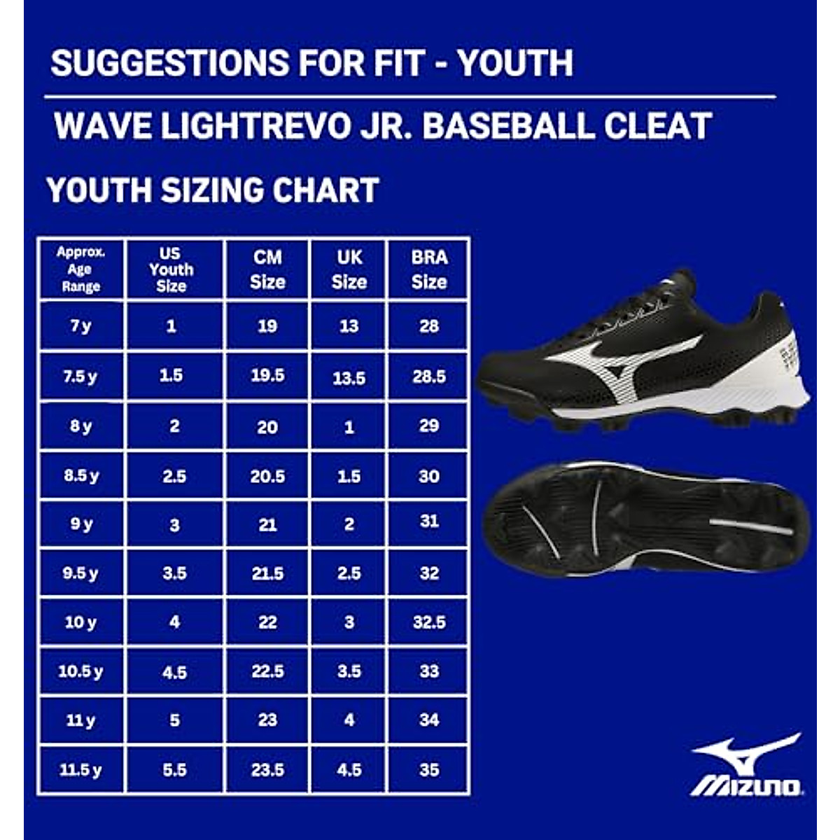 Mizuno Wave Lightrevo JR Baseball Shoe, Navy-White, 3.5