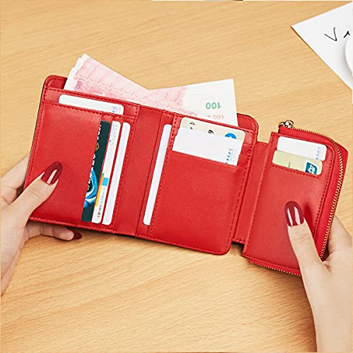 LAORENTOU Vegan Leather Small Wallet for Women PVC Brown Checkered Purse Wallets for Women Mini Trifold Zipper Pocket Wallets Cute (01 Brown)