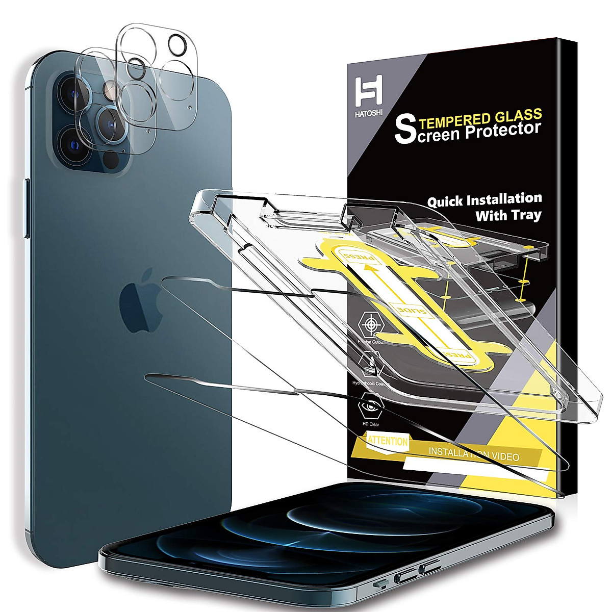 HATOSHI Designed for iPhone 12 Pro Screen Protector 6.1 Inch, 2 Pack Tempered Glass Screen Protector with 2 Pack Camera Lens Protector, HD Clear Installation Tray 9H Hardness Case Friendly