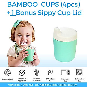 ECO MATTERS Bamboo Toddler Cups: Set of 4 Cups with 【1 Spill Proof Sippy Cup Lid】Microwave Safe， Biodegradable，Reusable Drinking Cup Sets for Kids and Toddlers - BPA Free，Non-Toxic，Non Plastic