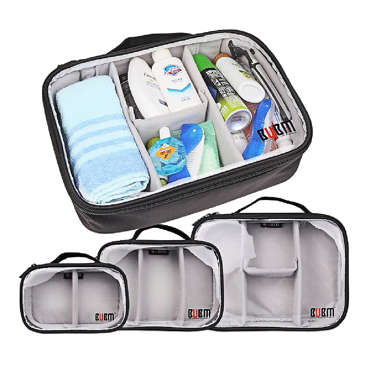 BUBM 3pcs Multi-Functional (S/M/L in One) Electronic Organizer Travel Gadgets Bag for Cables, External Flash Drive, Mouse, Memory Card, Power Bank - Clear