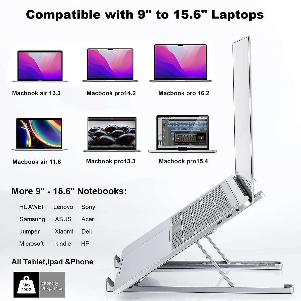 Laptop Stand for Desk, Adjustable Ergonomic Portable Aluminum Laptop Holder, Compatible with MacBook Air Pro, HP, Lenovo, Dell, More 9-15.6” Laptops (Silver)
