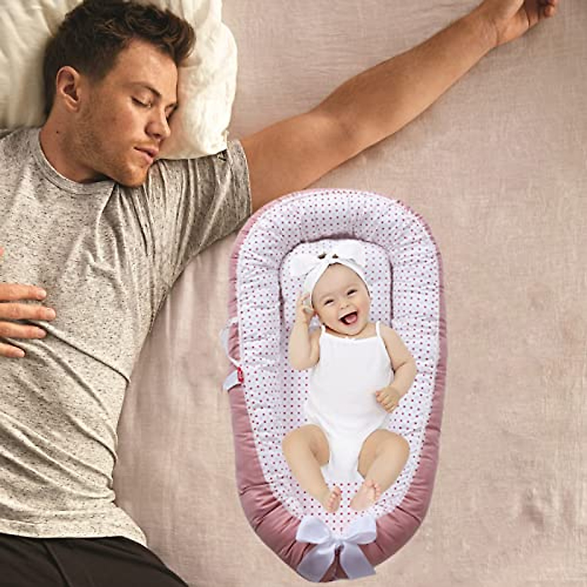 Baby Lounger for Newborn 100% Cotton Baby Nest Co-Sleeper for Baby in Bed Infant Newborn Lounger Adjustable Size & Strong Zipper Lengthen Space to 3 Tears Old(Polka Dot Red)