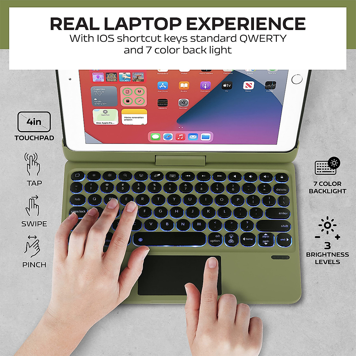 mobee Unitype iPad 7th 8th and 9th Generation Keyboard Case for iPad 10.2 2021 & 2020, iPad Air 10.5 2019, iPad Pro 10.5 2017 Backlit Keys 360° Bluetooth with Touchpad iPad Air 3 Gen - Tactical Green