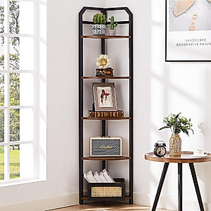 MNEETRUNG Corner Shelf, 5-Tier Industrial Corner Bookshelf, Freestanding Corner Shelf Stand with Metal Frame, Open Corner Plant Stand for Small Space, Home Office, Living Room, Bedroom, Brown