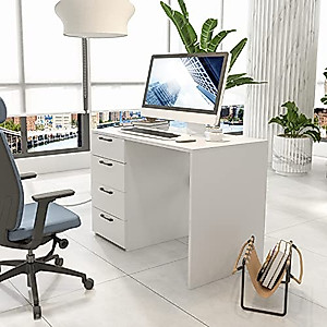 COSTWAY White Computer Desk with 4 Large Drawers, Home Office PC Desk Workstation for Writing, Modern Computer Table for Bedroom, Study, Living Room