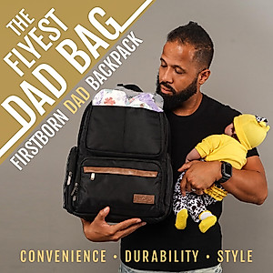 FlyDad - FirstBorn Men's Diaper Backpack, Stylish Diaper Backpack, Dad Diaper Bag, Mens Diaper Bag w/ 21 Compartments, Changing Mat, & Insulated Milk Pockets for Bottles (4oz), Brown Leather Accents