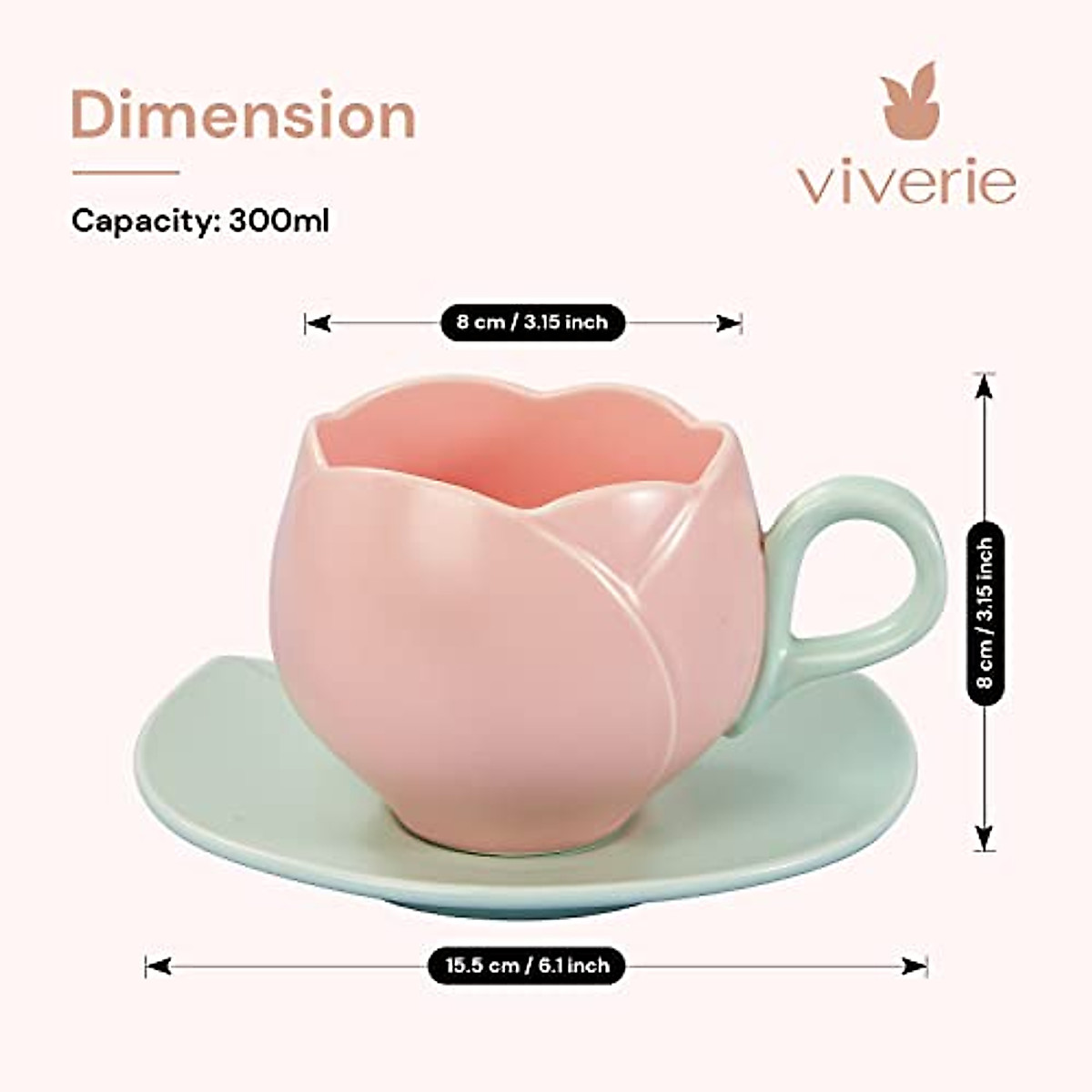 VIVERIE 10 oz Pink Flower Teacup and Saucer - Leaf Heart Tea Cup Saucer, Cute Coffee Mug, Tea Mug, Hot Teacup Set, Tea Accessories for Women, Mom, Friends, Birthday, Christmas Gift, Pink Christmas Mug