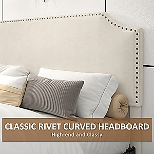 AMERLIFE Queen Size Bed Frame with 4 Storage Drawers and Headboard, Queen Velvet Upholstered Platform Bed with Rivet Curved Adjustable Headboard/Strong Wooden Slats/Easy Assembly/Cream