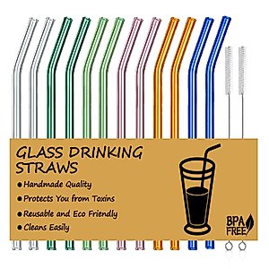 Reusable Bent Glass Straws, 8mm Glass Drinking Straws with 2 Cleaning Brushes, Non-Toxic, BPA Free Glass Straws for Smoothies, Beverages, Shakes, Juices, 12 Packs (Multicolor)