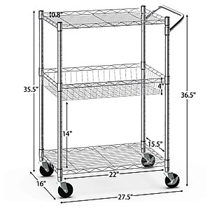 Giantex 3-Tier Rolling Utility Cart, Kitchen Island Cart on Wheels, with Handle Bar, Adjustable Shelves, Wire Mesh Microwave Cart for Utensils or Tableware, Commercial Grade Serving Cart (Silver)