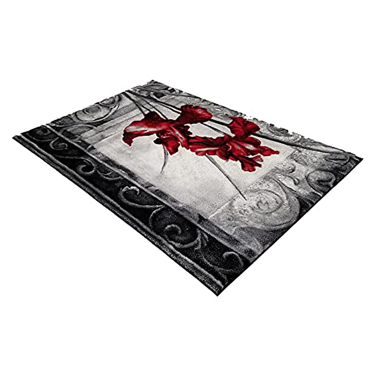 HT Design Rectangular Area Rug for Living Room, Floral Black and Red 7x10 Modern Rugs, Easy to Clean, Pet Friendly Indoor Carpet for Living Room