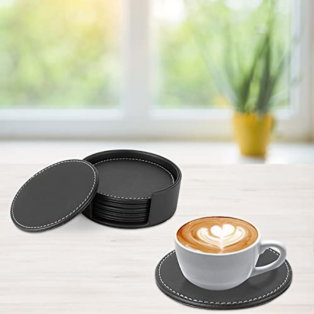 CARLWAY Set of 6 Leather Drink Coasters Round Cup Mat Pad for Home and Kitchen Use Black, 3.94"