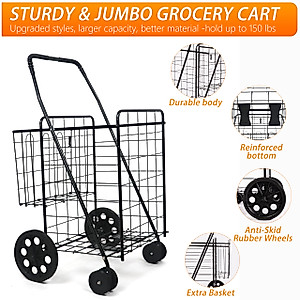 Lehboson Jumbo Folding Shopping Cart,Collapsible Shopping cart with Double Basket and 360-Degree Wheels, Utility Cart for Grocery Laundry Book Luggage Travel （Black）