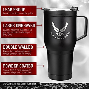 Military Veteran Products 30 Oz USAF Black Double Wall Vacuum Insulated Stainless Steel Air Force Tumbler with Handle | Travel Mug with Leakproof Lid