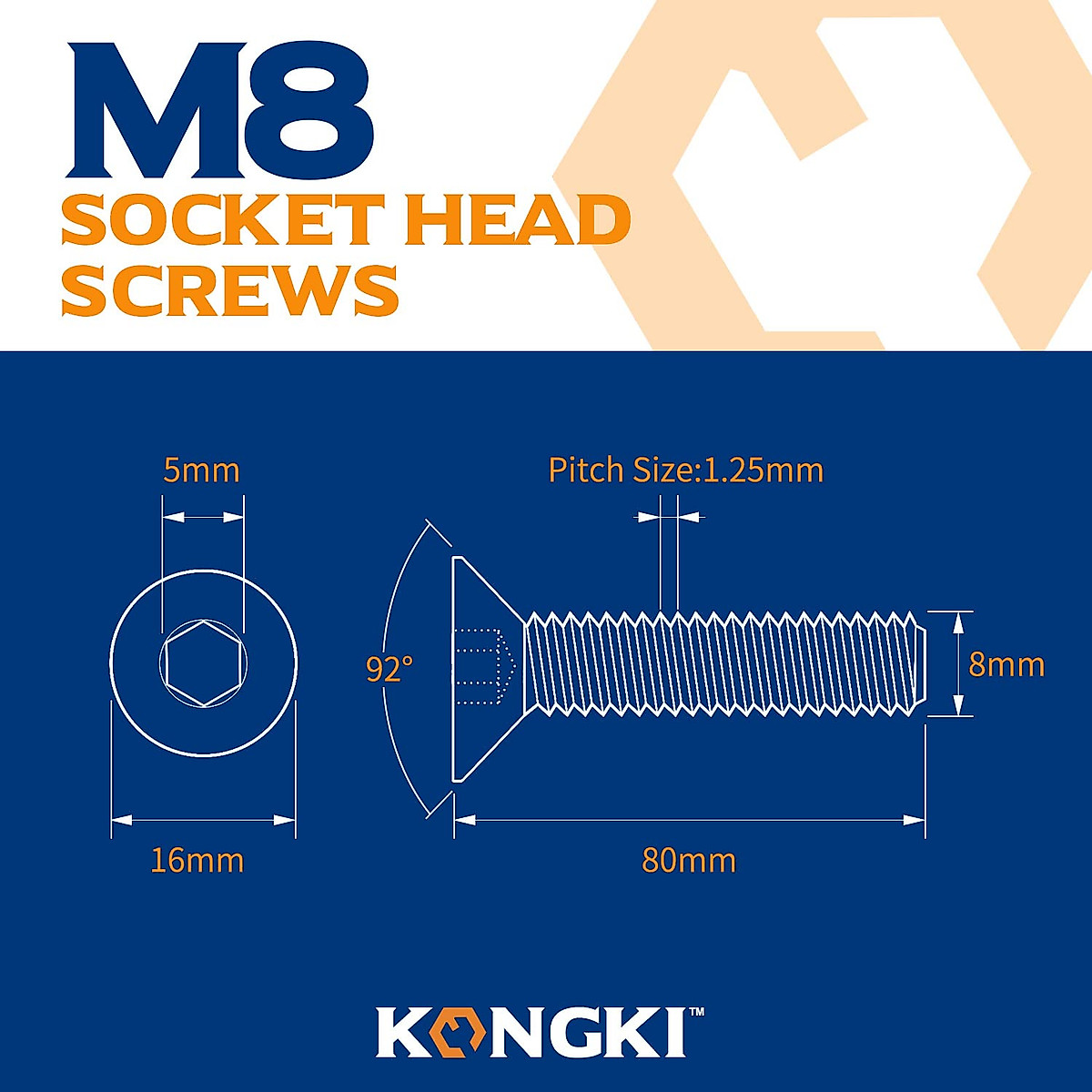 10 PCS M8-1.25 x 80mm Flat Head Socket Cap Screws, Stainless Steel A2-70, DIN 7991, Allen Socket Drive,Full Thread, Machine Thread