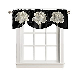 Semi Sheer Valance Adjustable Kitchen Valance for Windows, Abstract White Flower with Gold Border Black Valances for Bathroom Bedroom Living Room, Tie-up Rod Pocket Decorative Window Curtain 54"x18"
