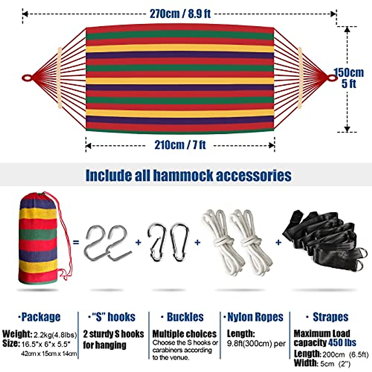 Anyoo Garden Cotton Hammock Comfortable Fabric Hammock with Spreader Bar Durable Hammock Up to 450lbs Portable Lightweight Hammock with Travel Bag,Perfect for Camping Outdoor/Indoor Patio Backyard