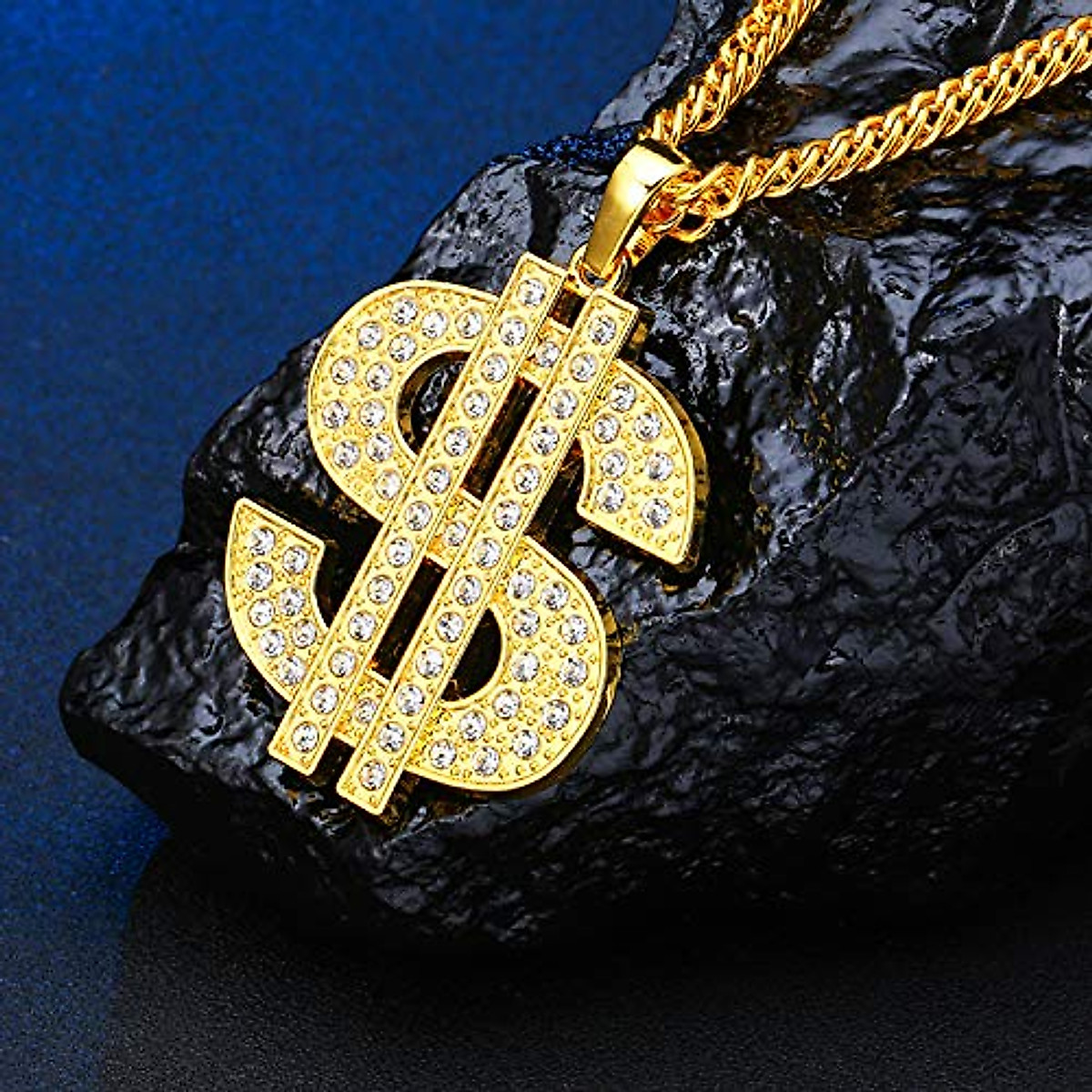 HENGYID Hip Hop Jewelry Gold Necklace Chain with Dollar Sign, 18K Gold Plated Hip Hop Chain Necklace Pendant for Men, 32 inch