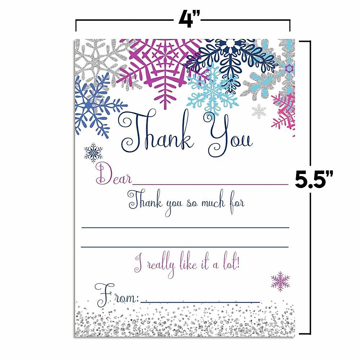 Winter Snowflake Birthday Thank You Notes, Ten 4" x 5.5" Fill In The Blank Cards with 10 White Envelopes by AmandaCreation