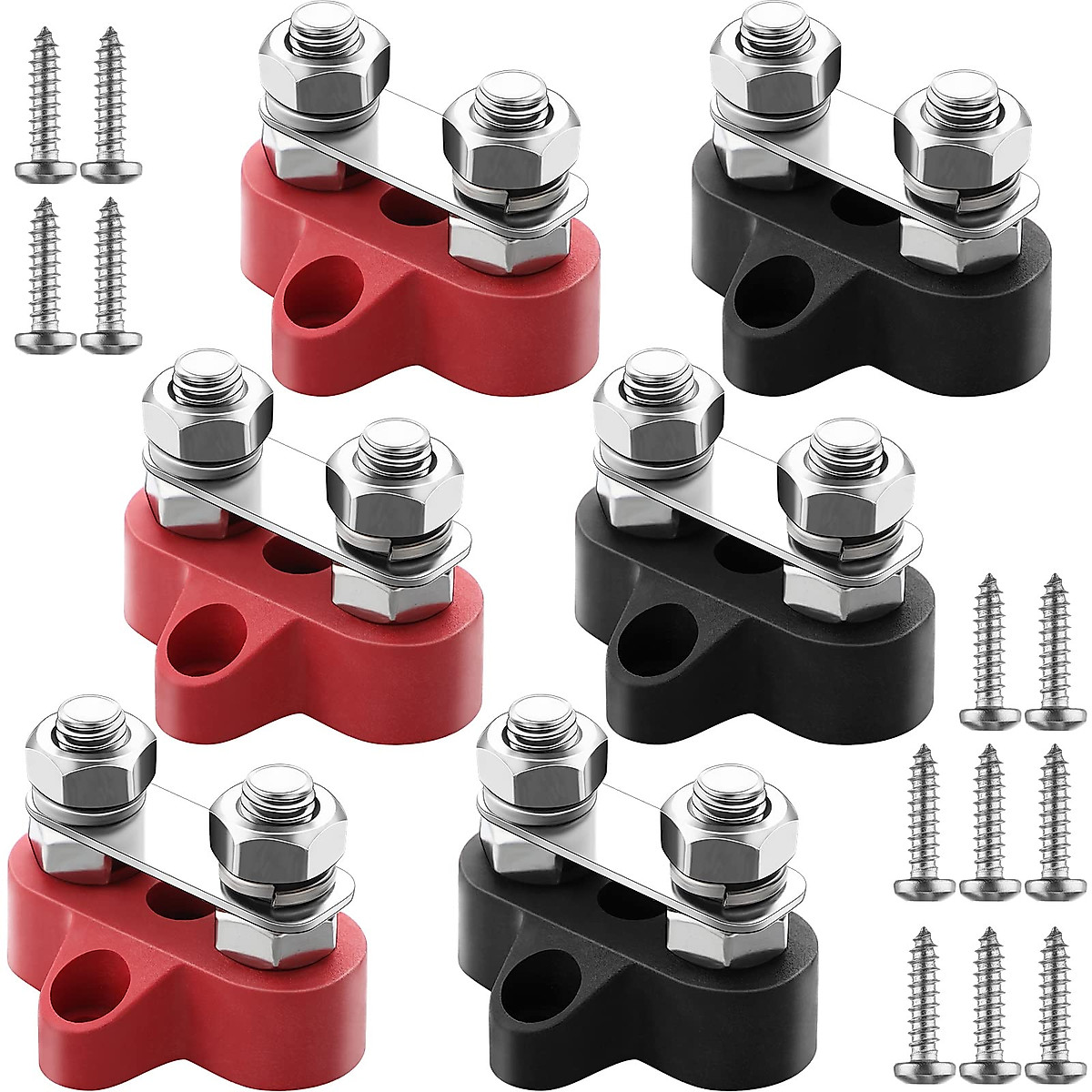 Tallew 6 Pack Bus Bar Terminal Block, 12V-48V DC, 150 Amps, 2 Pole, Screw Connector, Plastic, Panel Mount, 12 Contacts, 1.77" x 1.26" inches, AWG 8 Gauge, for Truck, RV, Boat