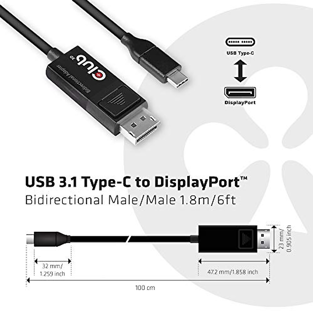 Club3D CAC-1557 USB Type C to Displayport 1.4 Bi-Directional Cable with 8K 60Hz, 4K 120Hz HDR Video Support 1.8m-6ft M/M