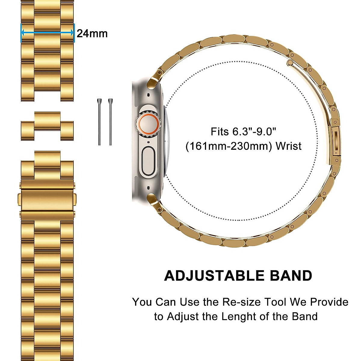 HITZEE Compatible with Apple Watch Ultra Band 49mm Business Stainless Steel Metal Strap Men Women Link Bands with Case Compatible for Apple Watch Ultra 2 Ultra, 49mm Gold
