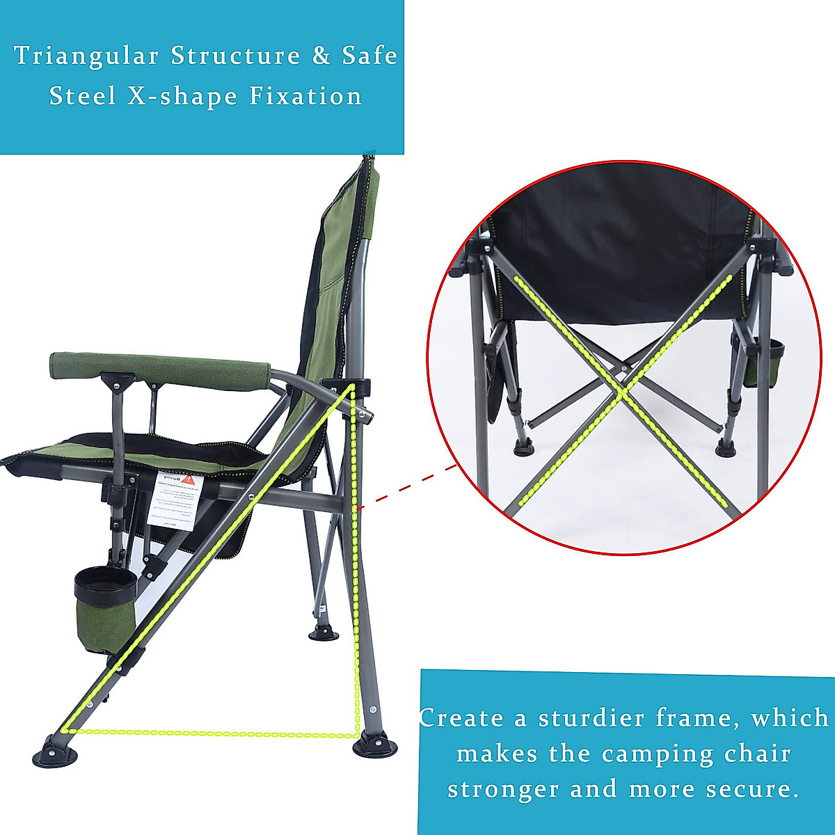 MaiuFun Portable Camping Chair Folding Heavy Duty Quad Outdoor Large Chairs Support 330 lbs High Back Padded Thicken Oxford with Armrests, Storage Bag, Cup Holder, Carry Bag for Outside(Green)