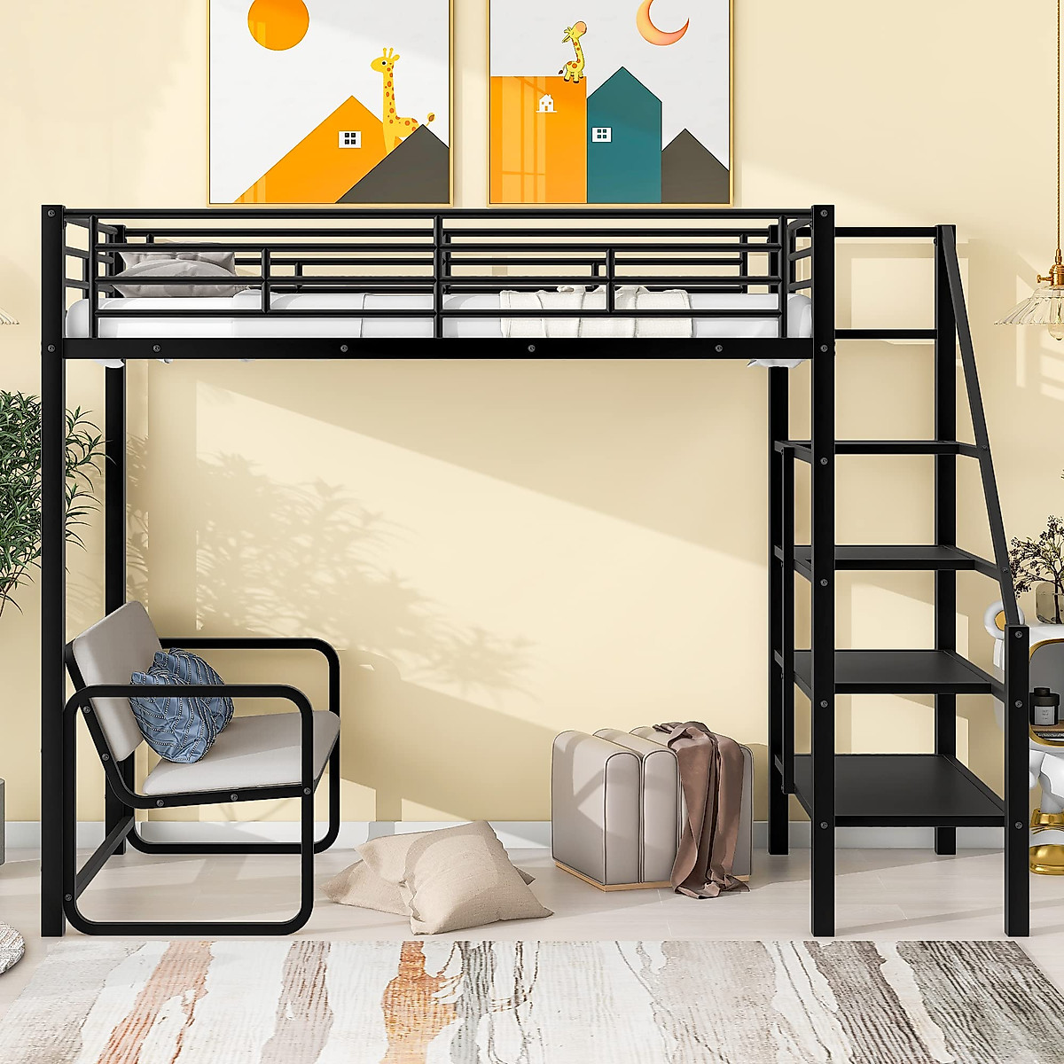 Twin Size Loft Bed with Storage Staircase and Bench, Metal Twin Loft Bed Frame for Kids Teens, Twin High Loft Bed, Metal Loft Bed with Full Length Guardrail and Slat (Twin, Black)