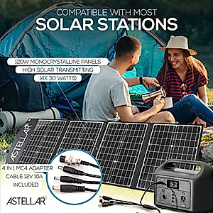 ASTELLAR Portable 120W Solar Panel - Solar Charging with Quadruple Outlet USB Port - 4 in 1 MC4 Adapter Cable Included - Monocrystalline Solar Panel for Camping, Backpacking, Travel