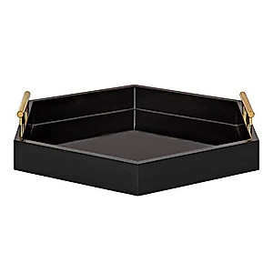 Kate and Laurel Lipton Modern Hexagon Decorative Tray, 18" x 18", Black with Gold Metal Handles