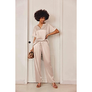 Ekouaer Satin Pajama Set Womens Silk Short Sleeve V Neck Shirt with Long Pant Soft Loungewear Pjs Set Champagne