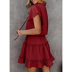 Dokotoo Womens Juniors Cute Spring Casual Summer Sexy Deep V Neck Ruffle Chiffon Lantern Short Sleeve Elegant Empire Waist Flowy Pleated Mini Short Skirt Dresses for Women Party 2025 Wine Small