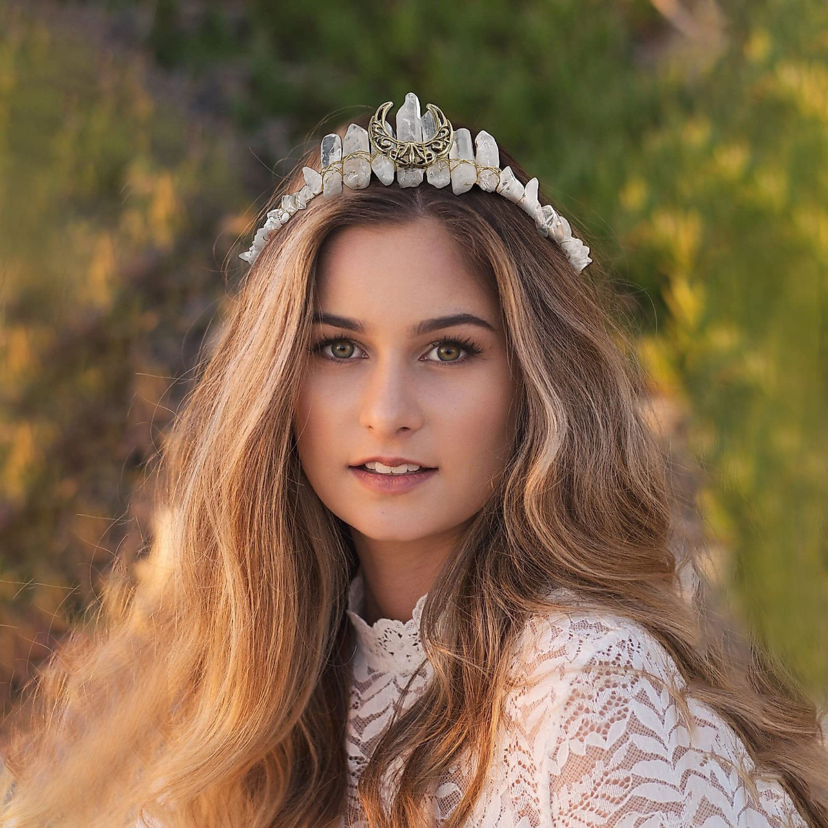 AWAYTR Moon Fairy Raw Crystal Crown - Goddess Quartz Crown Headpiece for Cosplay Wedding Party Photo Shoot Mermaid Headband Tiara for Women and Girls(White Crystal+Moon)