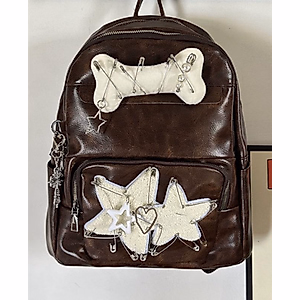 Hopecn Y2K Backpack With Accessories Star Aesthetic PU Goth Bookbag 90s Vintage Fashion Grunge Travel Daypack. (Star1-Brown1)