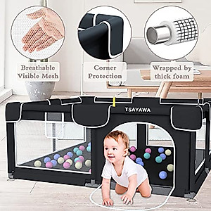 Extra Large Baby Playpen for Babies Toddlers 71"X79" -Portable Big Baby Playard with 2 Door for Indoor - Black Baby Play Yard Fence with 50 Ocean Balls 2 Pull Rings A Storage Bag