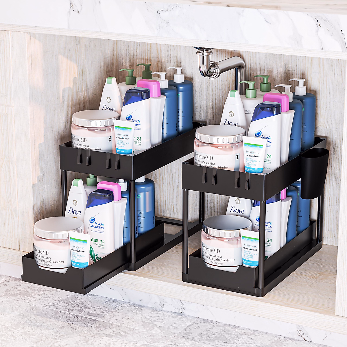 HomeCentral Under Sink Organizers and Storage, 2 Tier Kitchen and Bathroom Cabinet Organizer with Paper Towel Holder, 2 Pack Under Sink Organizer with Hooks, Cups and Pull Out Drawers