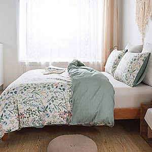 HoneiLife Duvet Cover Queen Size - 100% Cotton Comforter Floral Breathable Duvet Cover with Zipper Closure & Corner Ties,3pcs Wildflower Comforter Cover Sets- Fragrant Grass