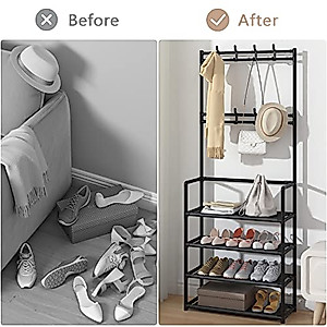 UDEAR 4-Tier Coat and Shoe Rack,Entryway Coat Rack Hallway Bench Storage Organizer with 8 Hooks for Living Room,Bedroom,Office,Black